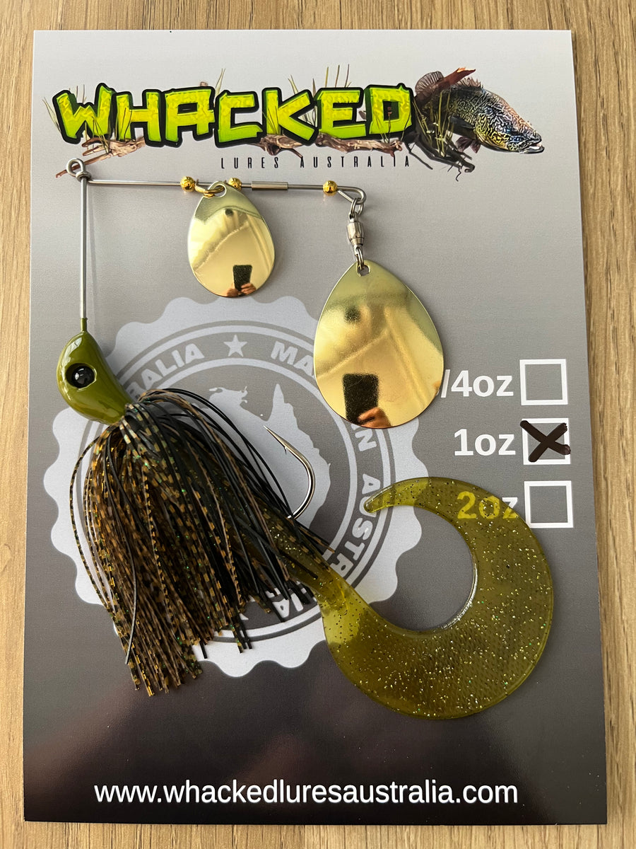 1oz Spinnerbait ~ GUPPY GREEN ~ 6" Grub Trailer (Gold Blades) – Whacked ...